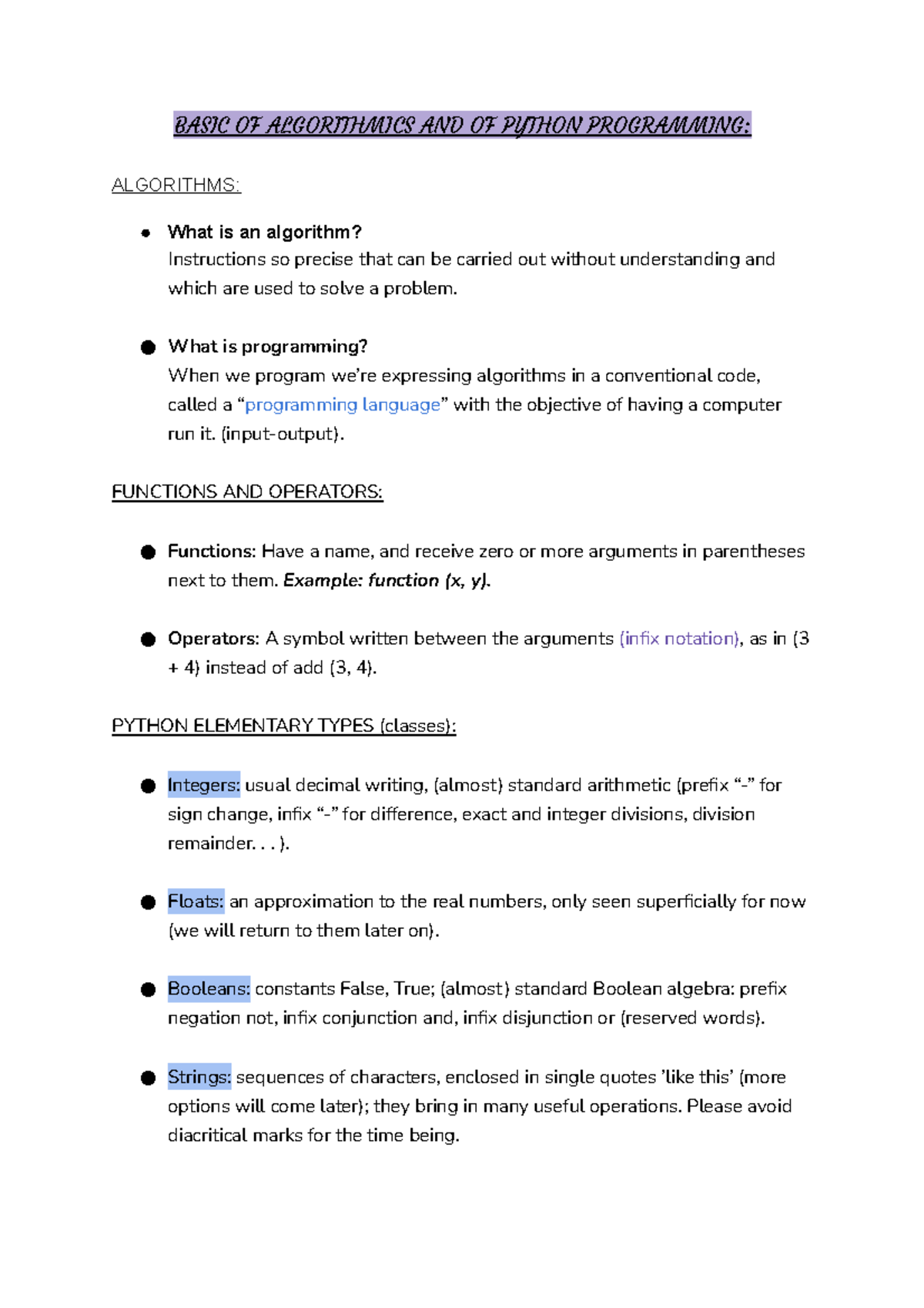 Apuntes 1r Parcial Programming In Python Basic Of Algorithmics And Of Python Programming