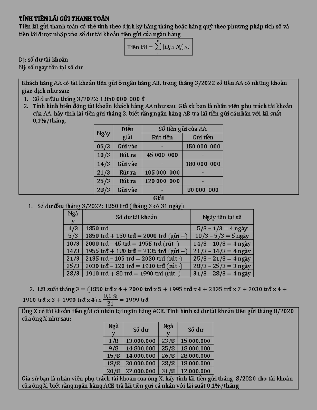 Công thức NHTM - Ổn áp - TÍNH TIỀN LÃI GỬI THANH TOÁN Tiền lãi gửi ...