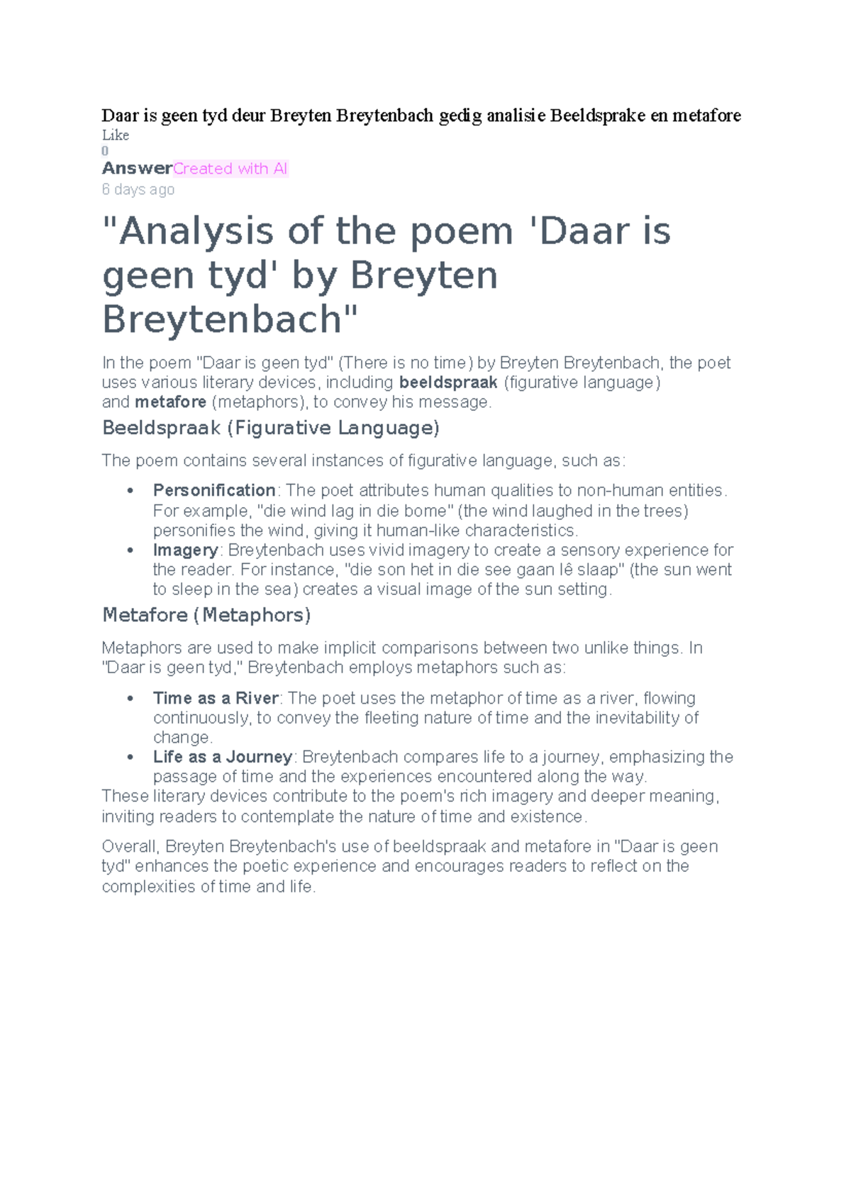 Daar is geen tyd deur Breyten Breytenbach gedig analisie Beeldsprake en ...