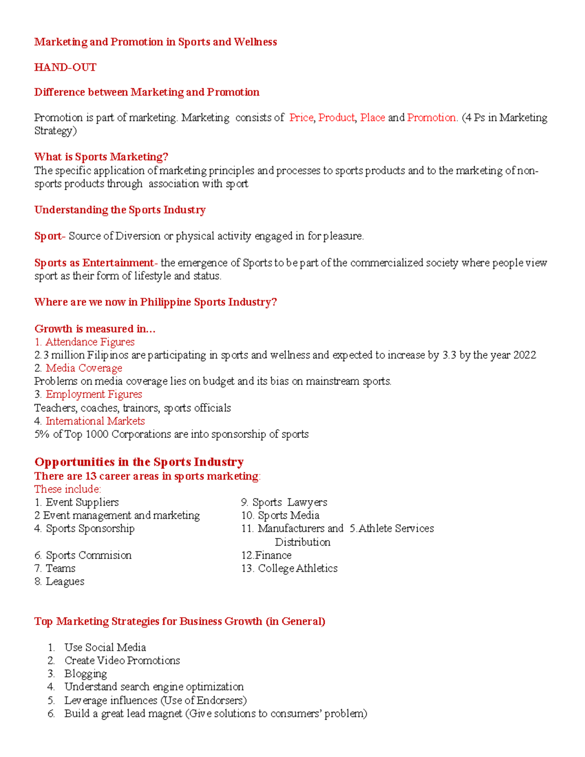 HAND -OUT Marketing and Promotion in Sports and Wellness - Marketing ...