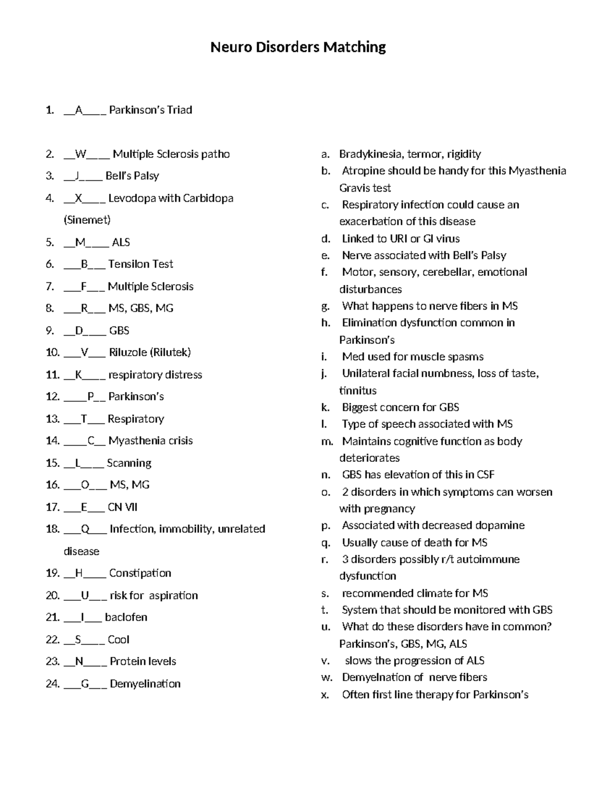 Neuro Disorders Matching - A__ Parkinson's Triad 2. W__ Multiple ...