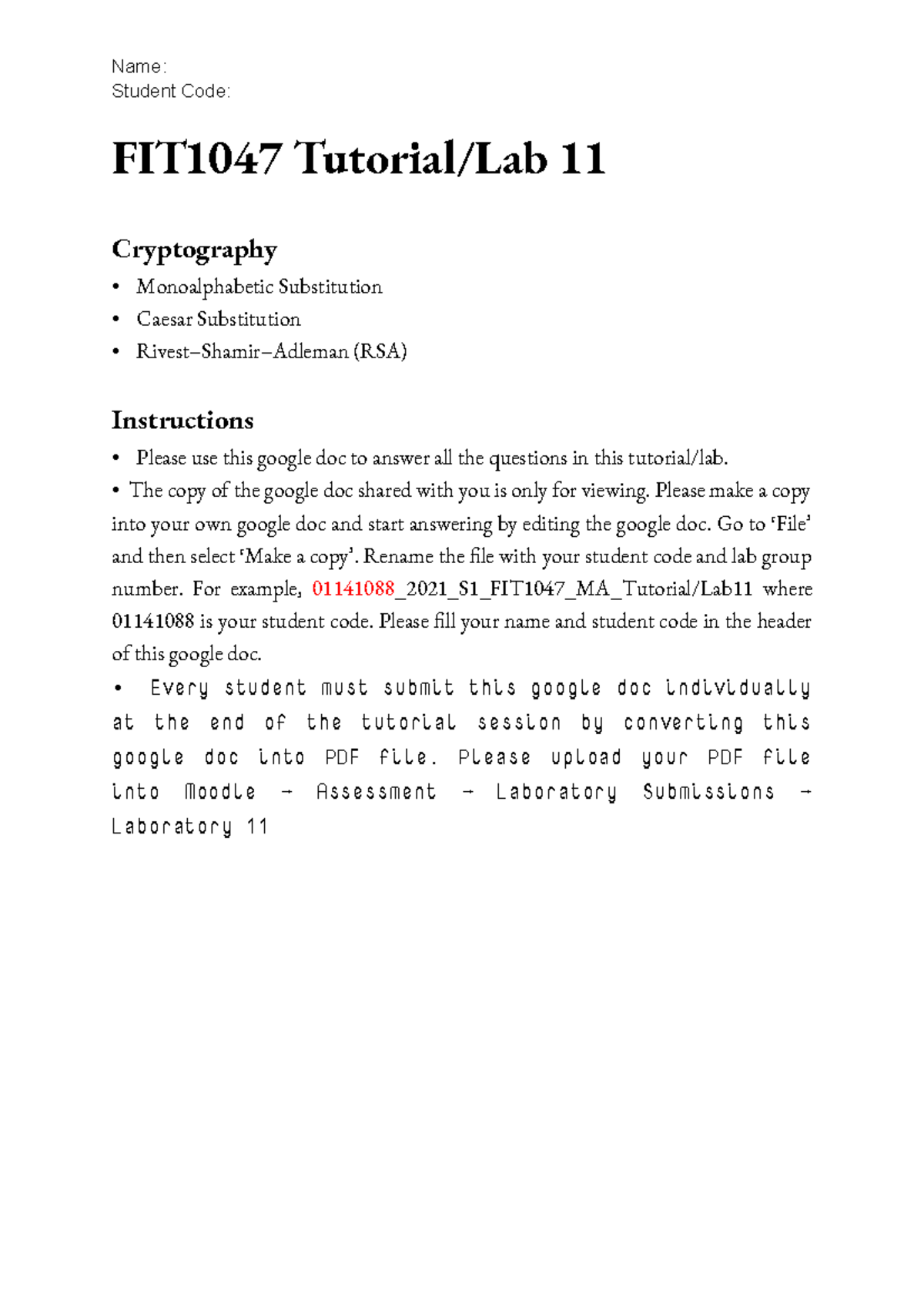 FIT1047 Tutorial Lab11 - Introduction to Computer Networking, Security ...