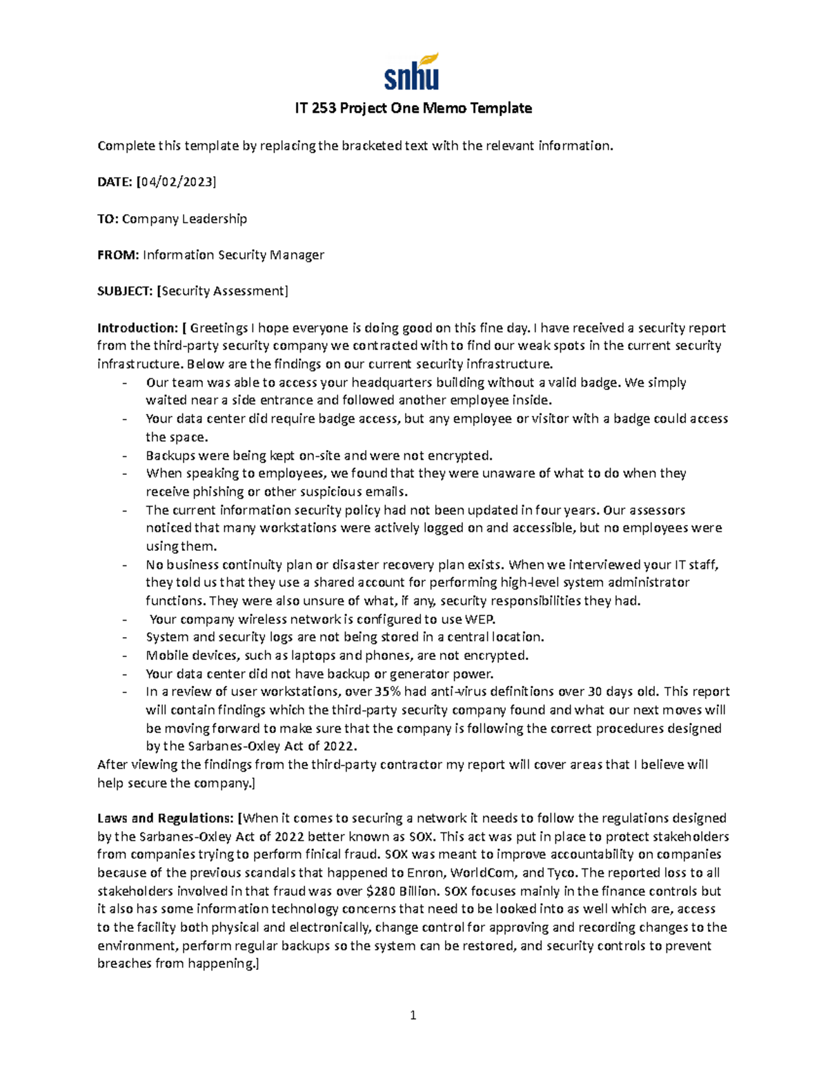 IT 253 Project One - information technolofgy - IT 253 Project One Memo ...