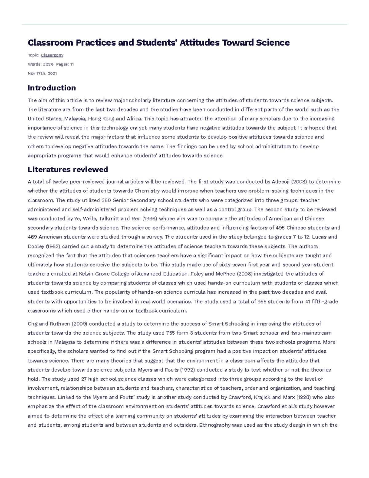 Classroom Practices and Students' Attitudes Toward Science Free Essay ...