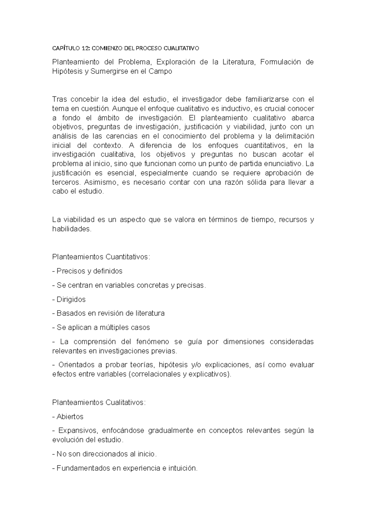 Resumen - CAPÍTULO 12: COMIENZO DEL PROCESO CUALITATIVO Planteamiento del Problema, Exploración ...