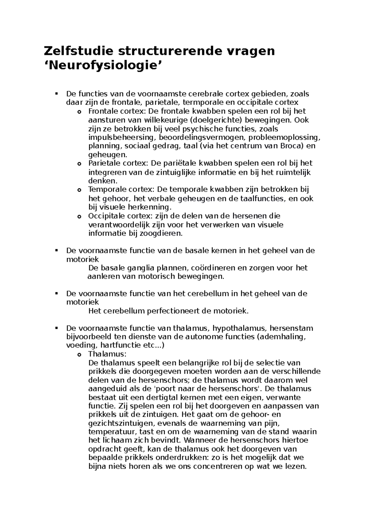Zelfstudie structurerende vragen Neurofysiologie - Zelfstudie ...