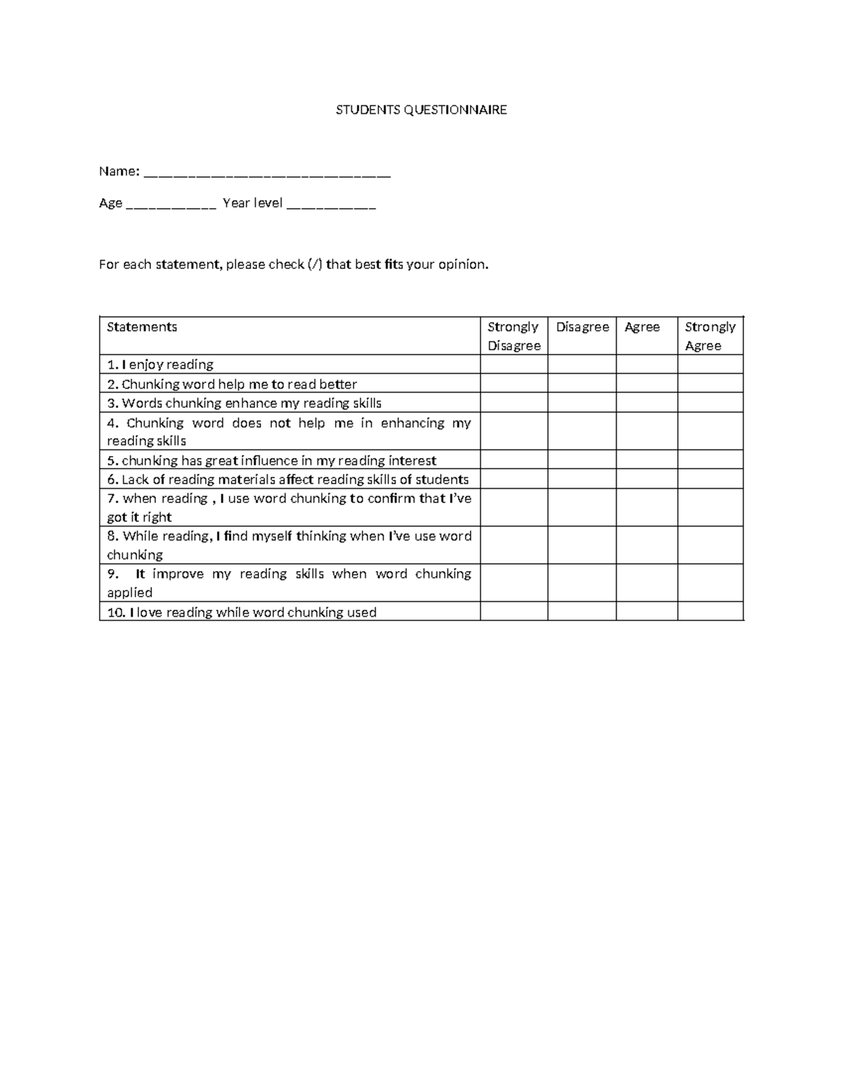 Students Questionnaire - STUDENTS QUESTIONNAIRE Name ...