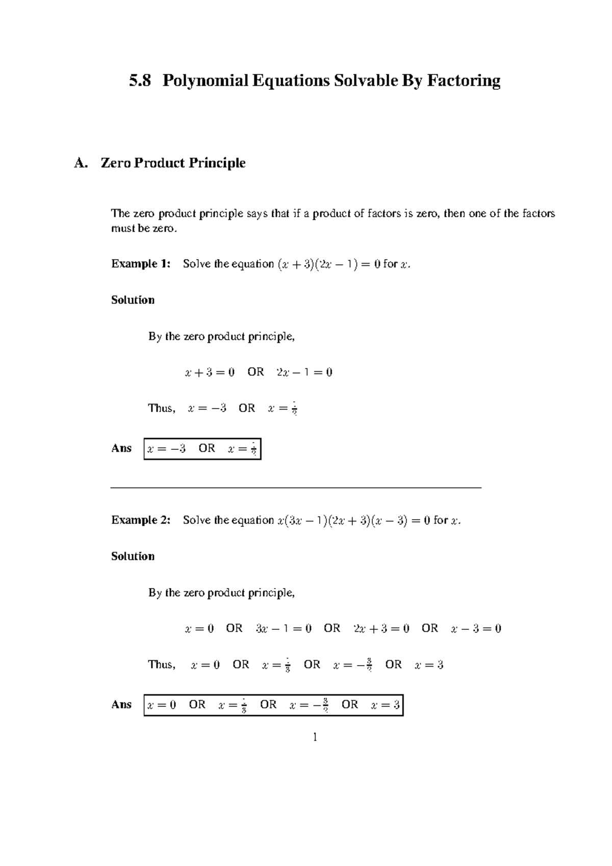 5.8 Polynomial Equations Solvable By Factoring - Zero Product Principle ...