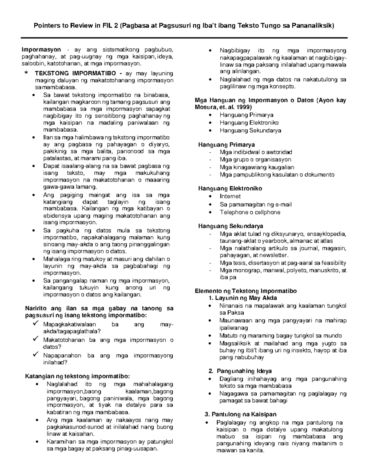 FIL-2-Reviewer-3RD-QT - Impormasyon - ay ang sistematikong pagbubuo ...