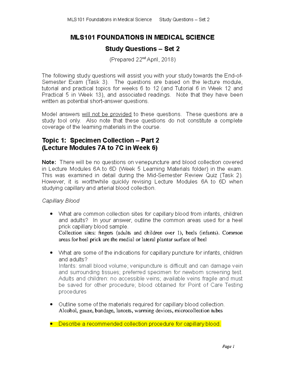 Sample/practice exam 22 April 2018, questions and answers - MLS101 ...
