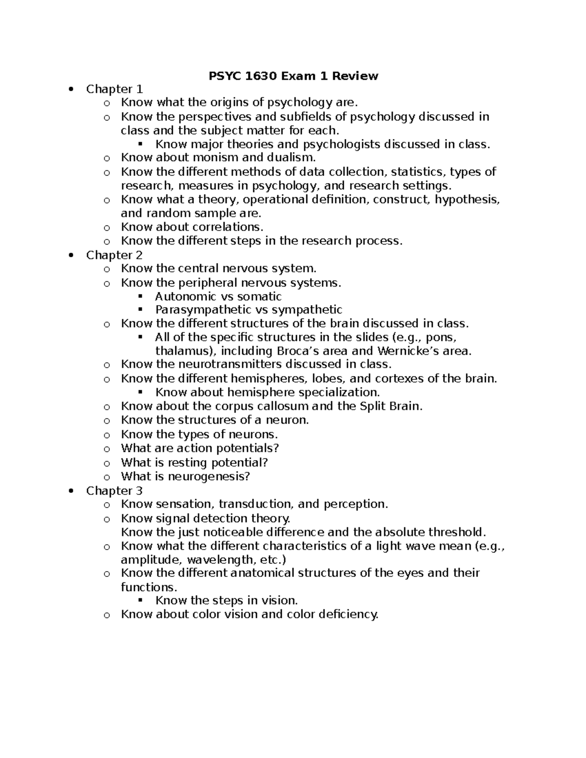 PSYC 1630 001 Exam 1 Review 2 - PSYC 1630 Exam 1 Review Chapter 1 o ...