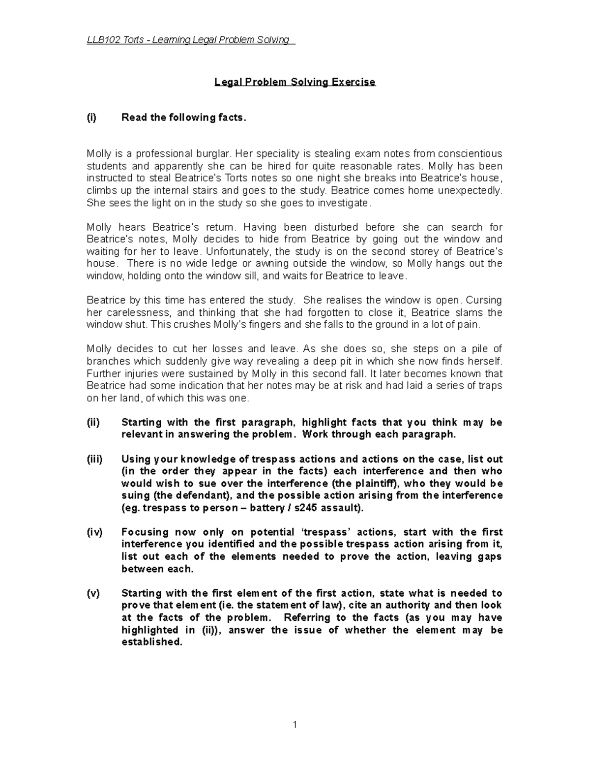 LLB102 Legal Problem Solving Exercise - LLB102 Torts - Learning Legal ...