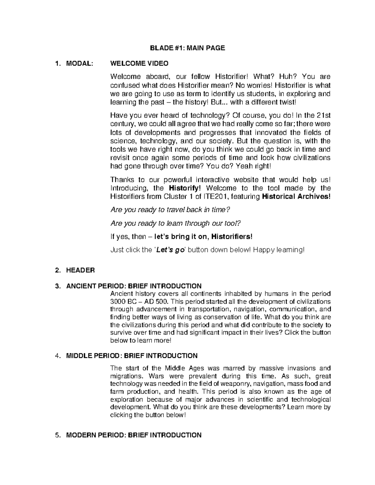 Historify Web Flow & Content - Script - BLADE #1: MAIN PAGE 1. MODAL ...
