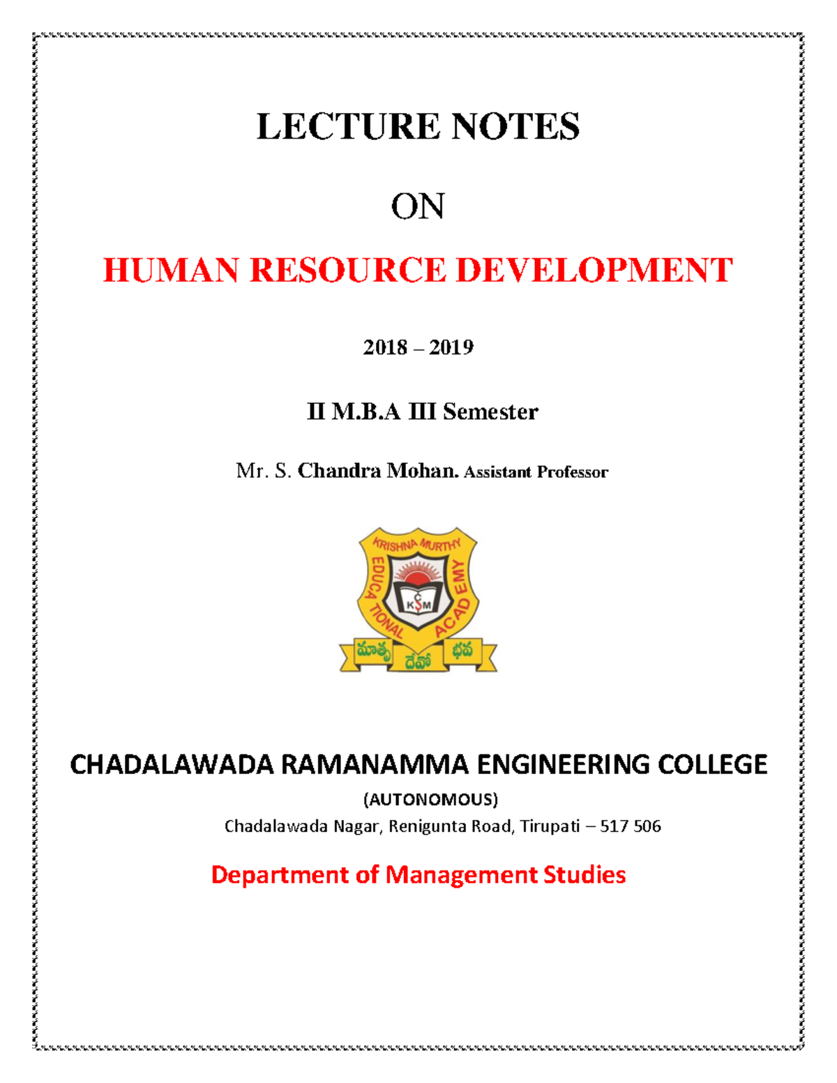 HRD Notes - LECTURE NOTES ON HUMAN RESOURCE DEVELOPMENT 2018 – 2019 II ...