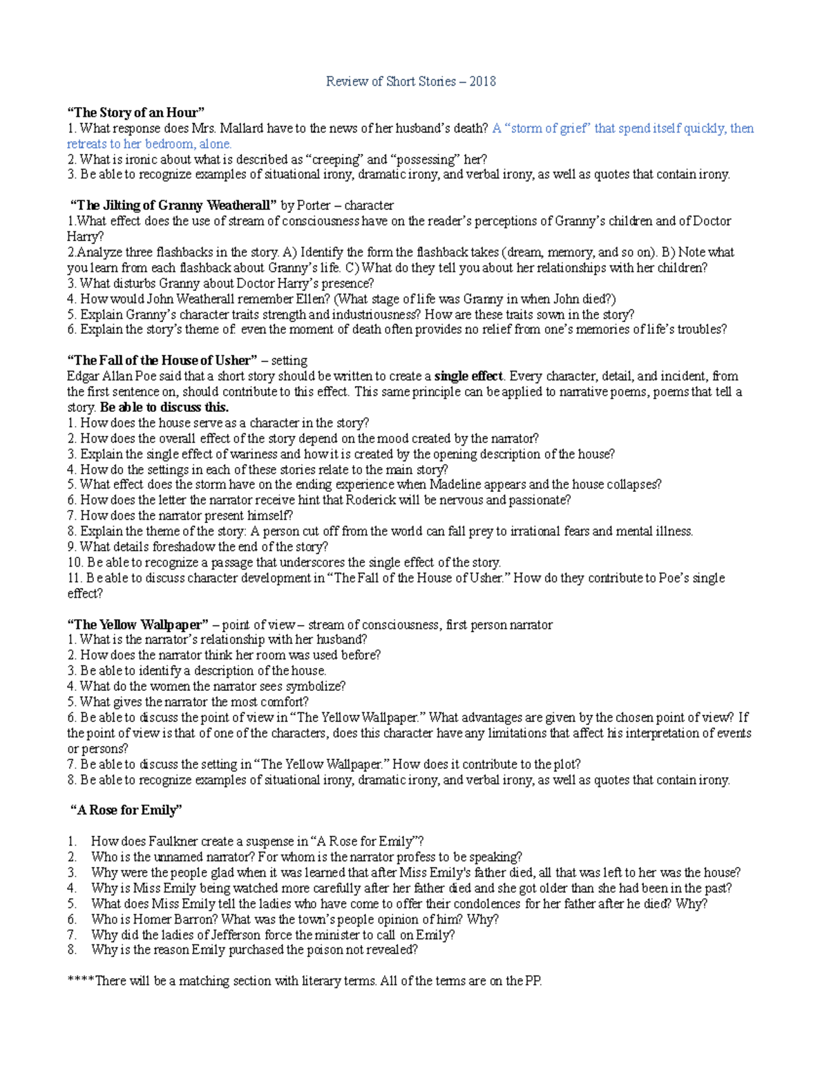 Review of Short Stories for Test 2018 1 - Review of Short Stories ...