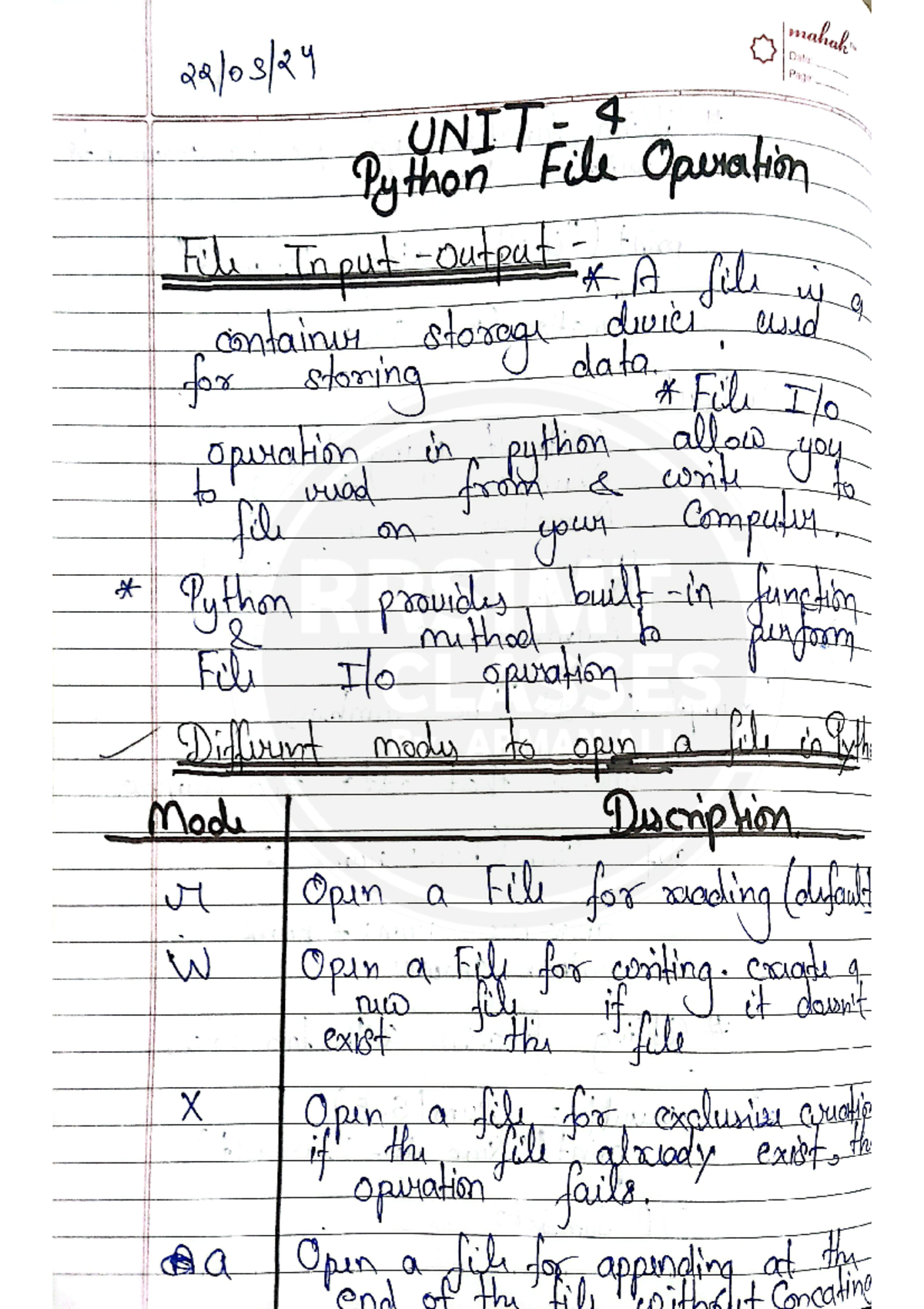 Python U4 Complete Notes - 0 mahak Date Page UNIT, 4 Python File ...