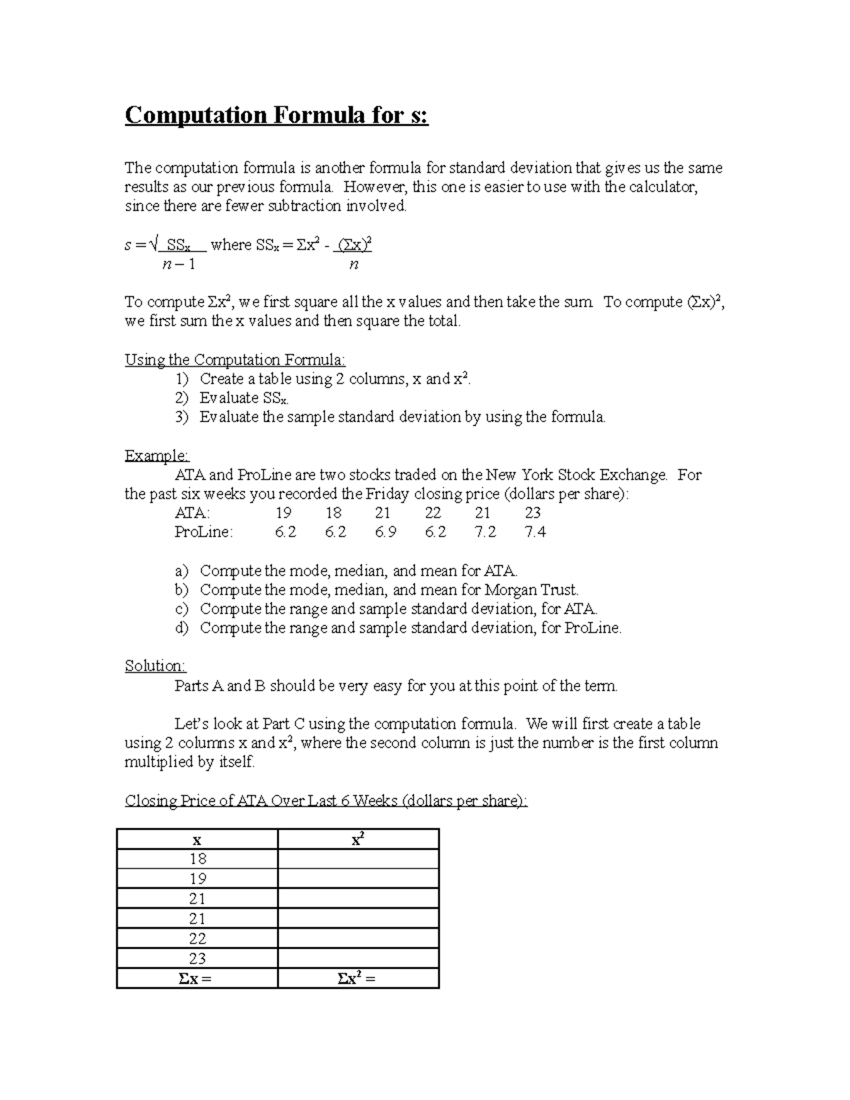 Computation Formula for s - However, this one is easier to use with the ...