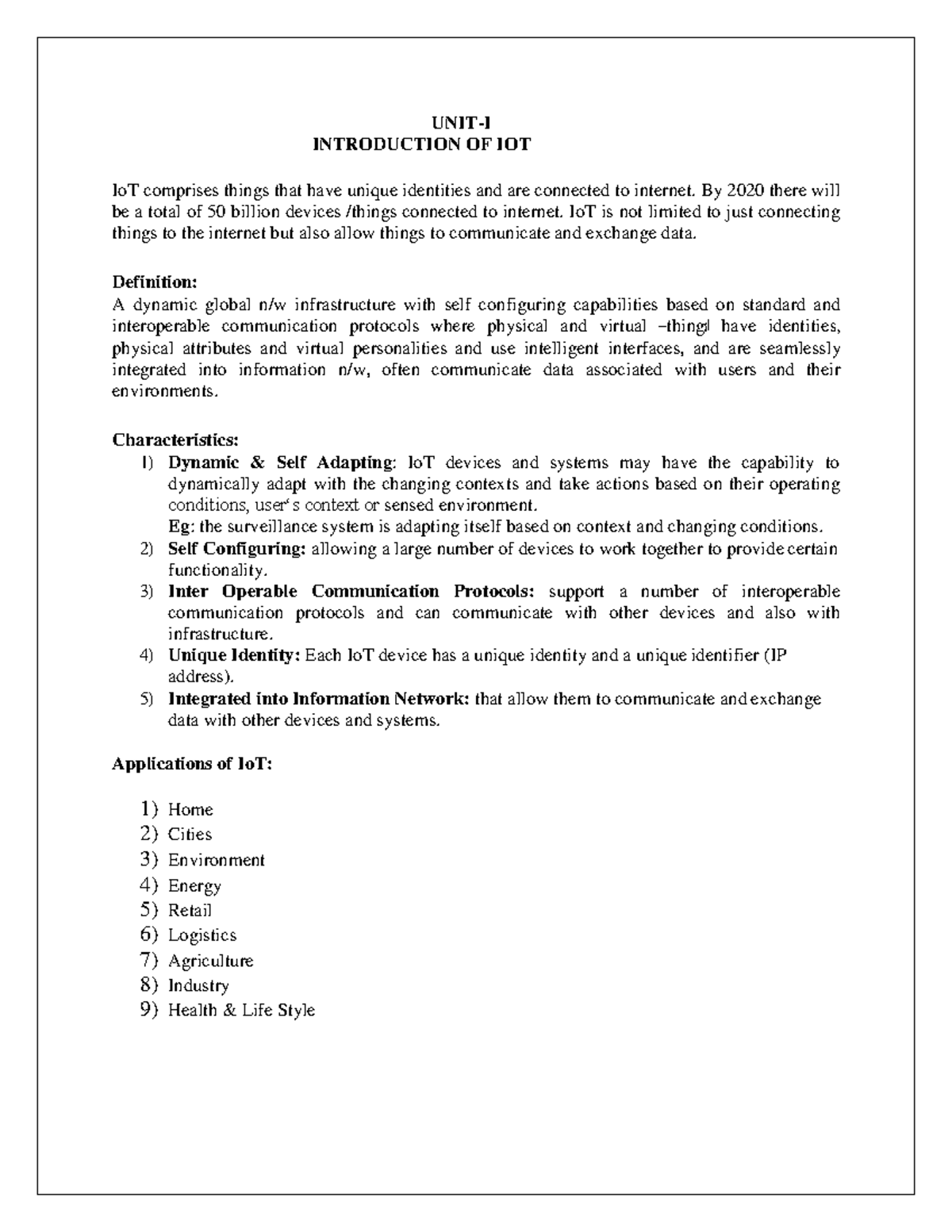 Introduction Of Iot Unit I Introduction Of Iot Iot Comprises Things That Have Unique