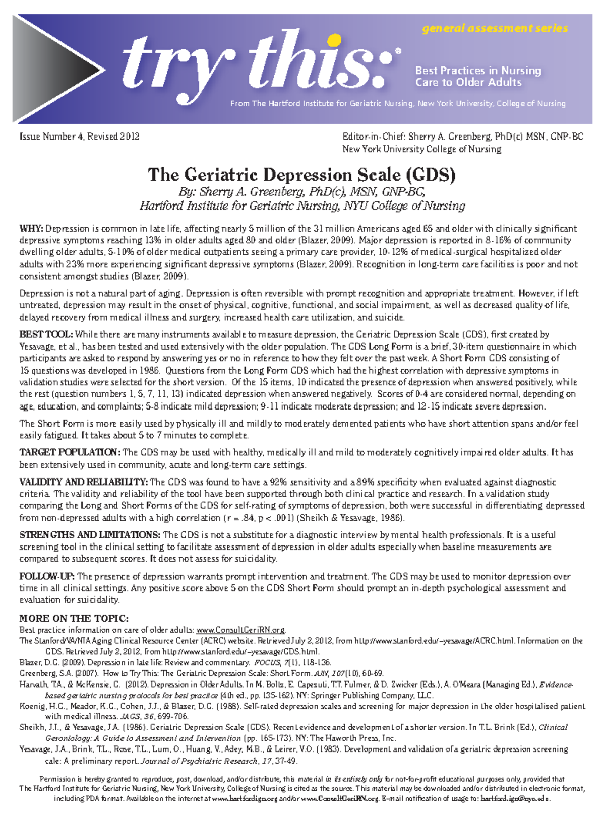 The Geriatric Depression Scale (GDS) - From The Hartford Institute for ...