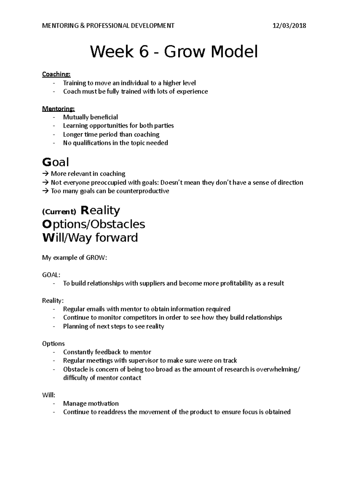 Lecture 6 - GROW model - MENTORING & PROFESSIONAL DEVELOPMENT 12/03 ...