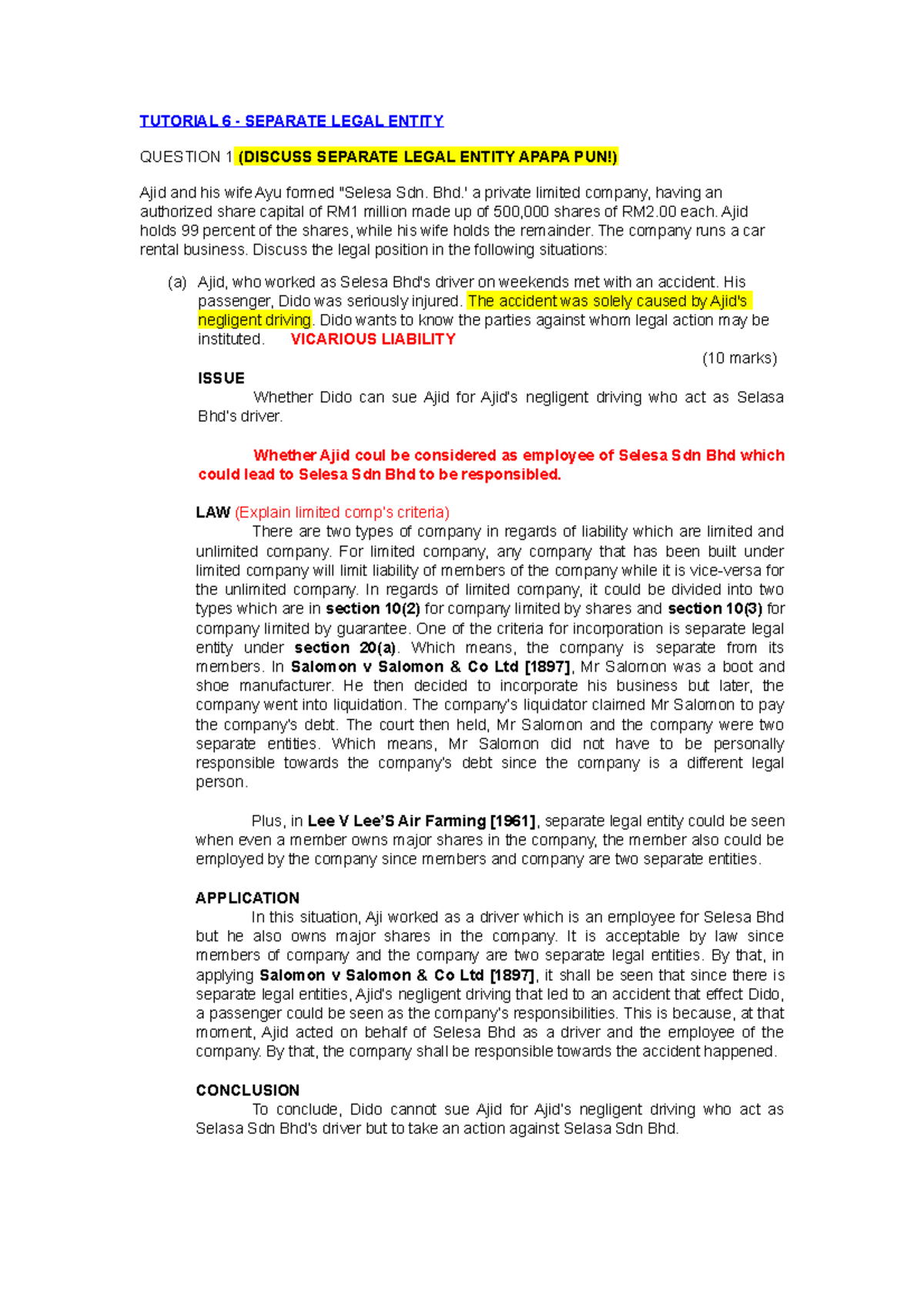 Tutorial 6 LAW604 - TUTORIAL 6 - SEPARATE LEGAL ENTITY QUESTION 1 ...