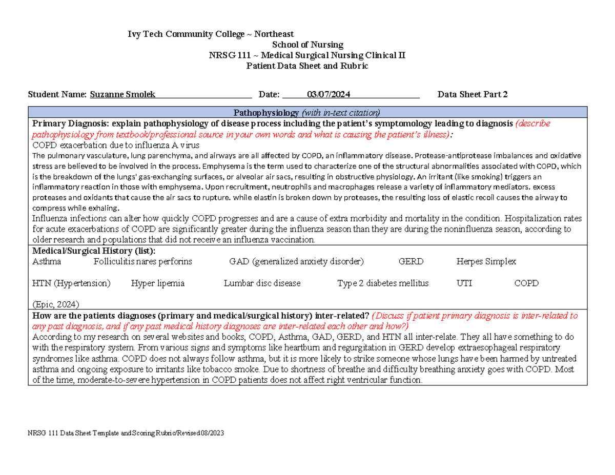 Modified Data Sheet Part 2 School Of Nursing Nrsg 111 Medical