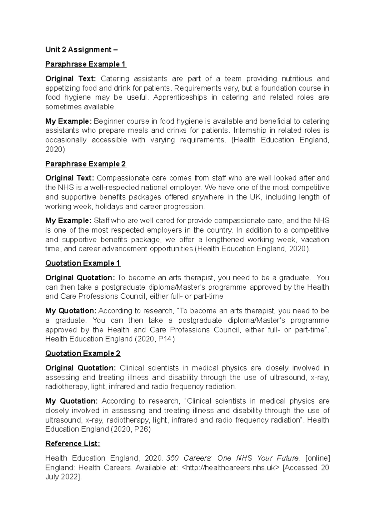 Assignment Unit 2 1557703 922 - Unit 2 Assignment – Paraphrase Example ...