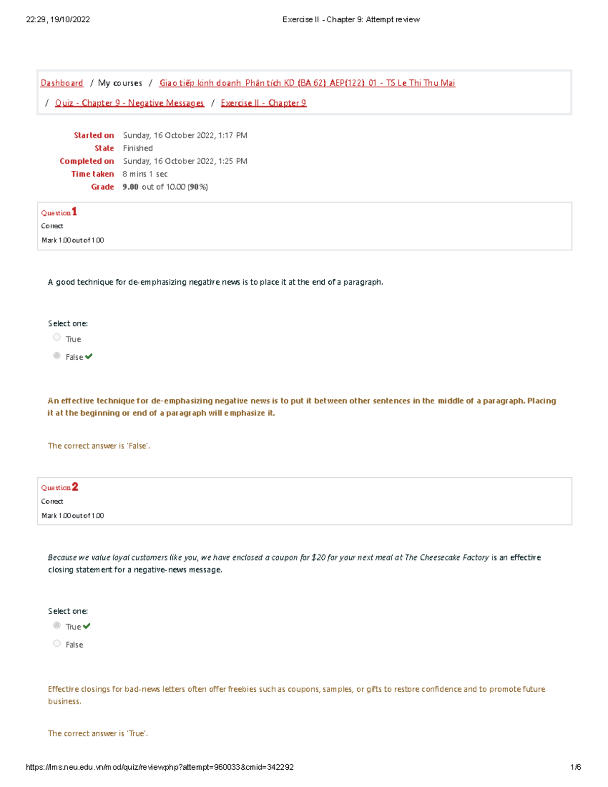 Exercise II - Chapter 9 Attempt review - Dashboard / My courses / Giao ...
