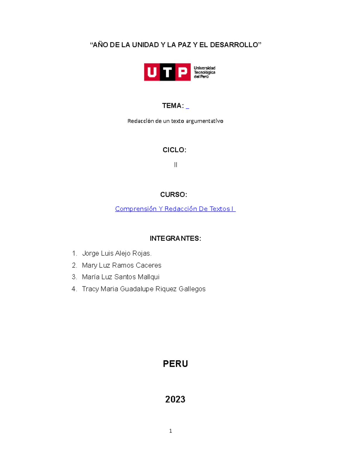 Semana 01 - Tarea - Redacción de texto Argumentantivo - “AÑO DE LA ...