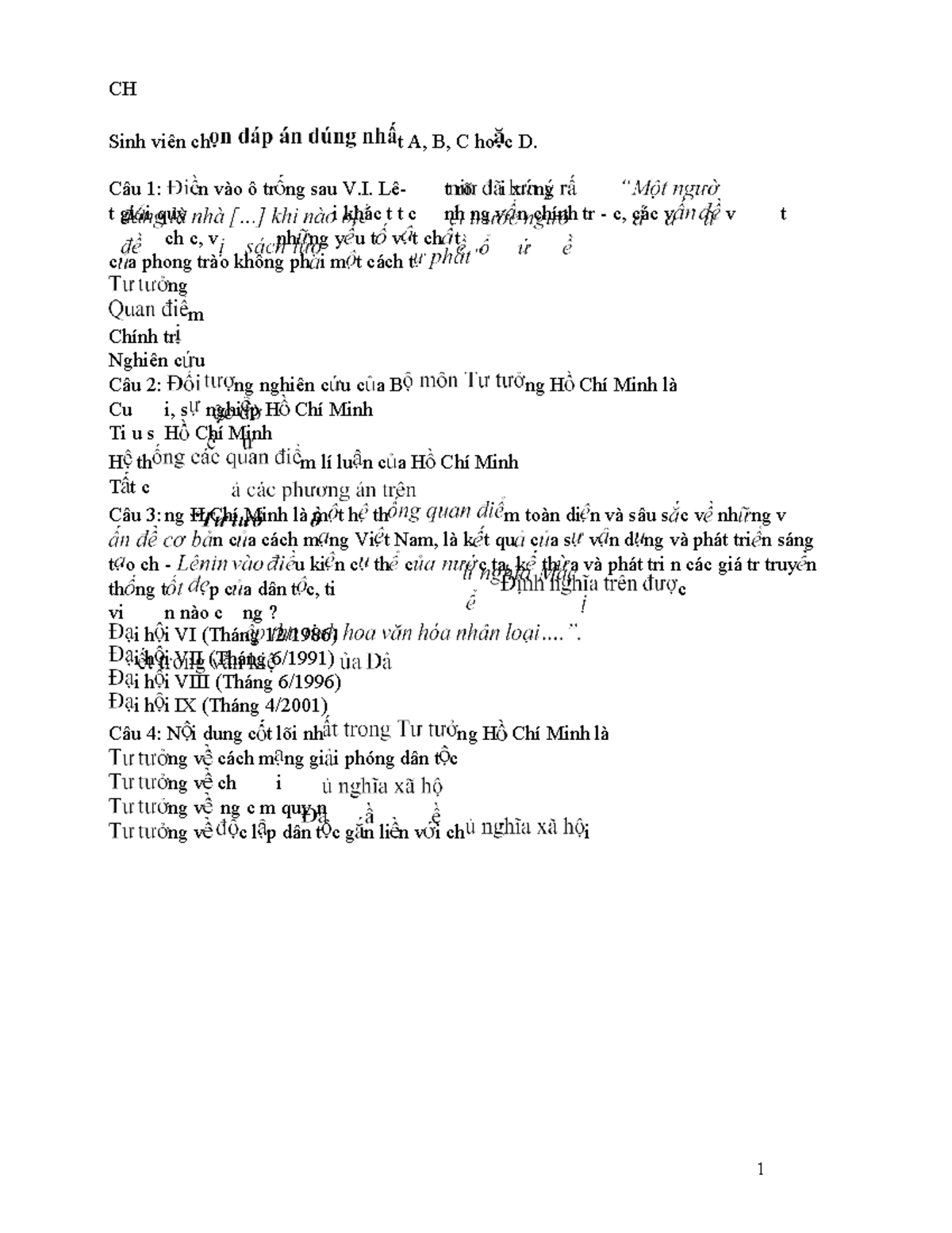 C1 - Đề chương 1 TTHCM - CH Sinh viên ch t A, B, C ho c D. Câu 1: n vào ô tr ng sau V. Lê- t rõ ...
