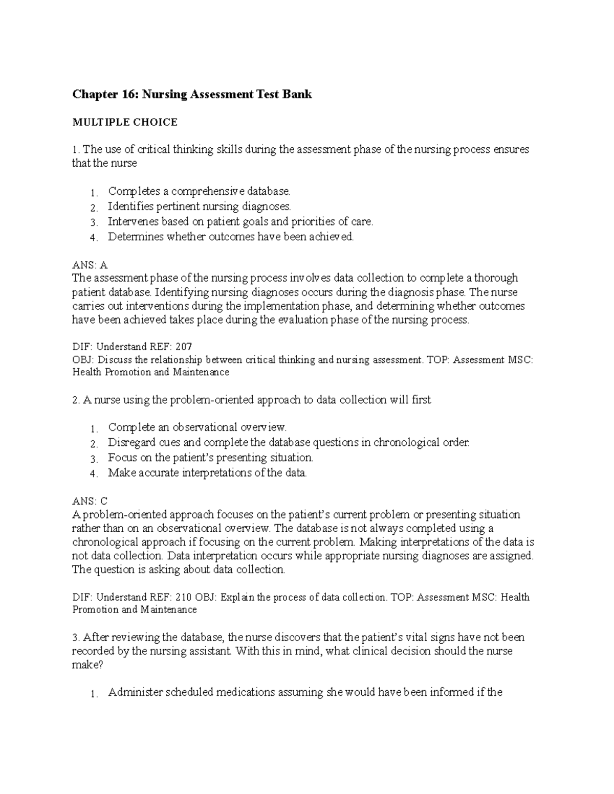 Nurse assessment - lecture notes - Chapter 16: Nursing Assessment Test ...