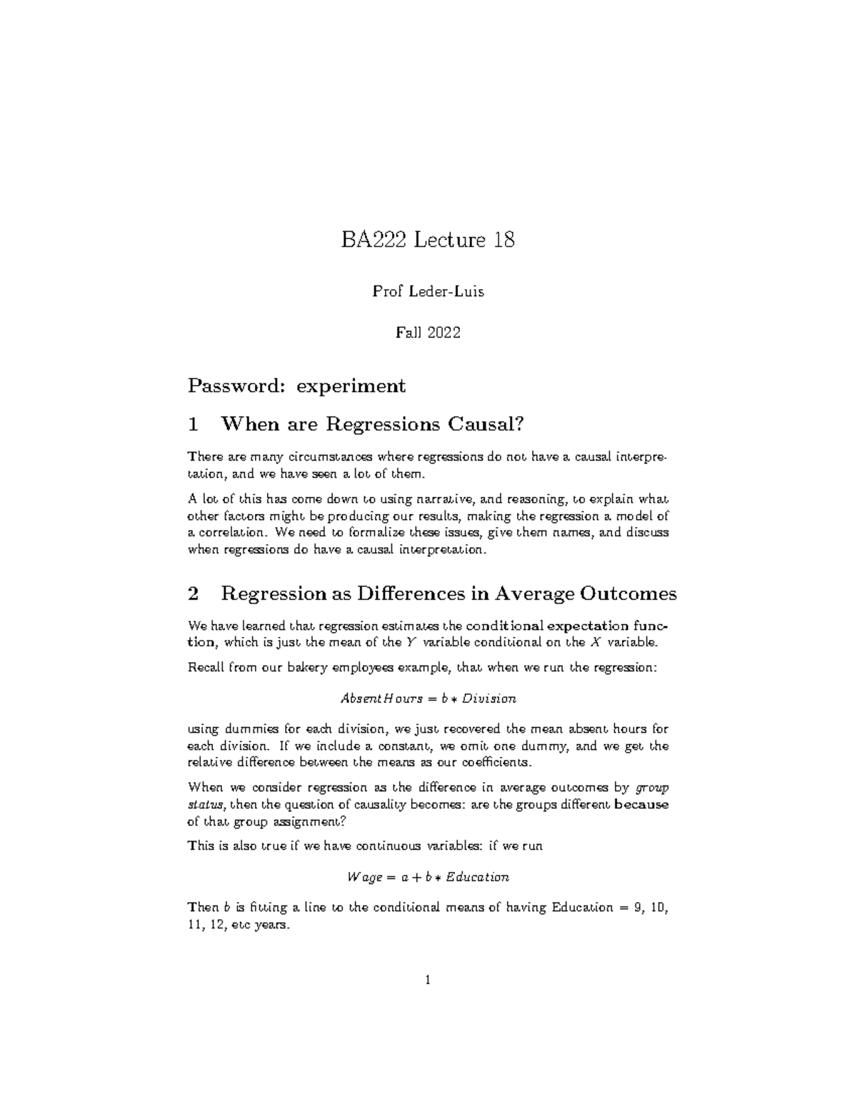 BA222 Lecture 18 - BA222 Lecture 18 Prof Leder-Luis Fall 2022 Password: experiment 1 When are ...