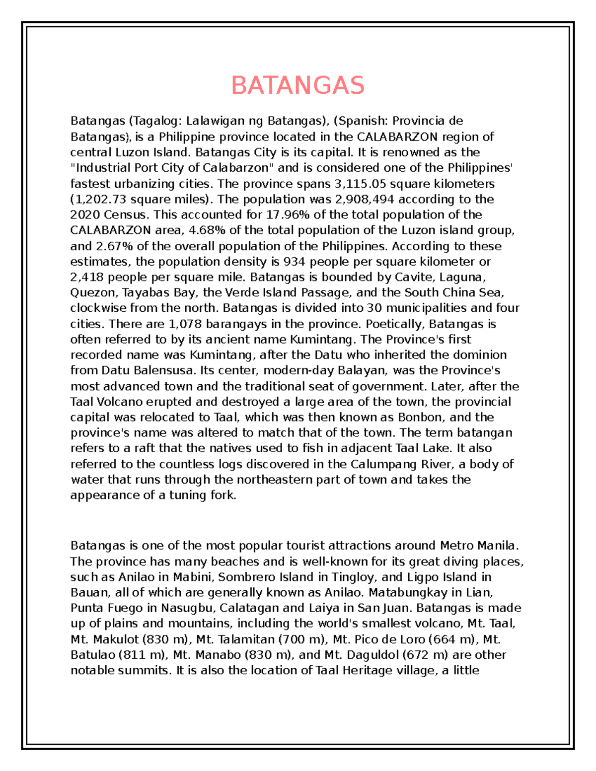 - Batangas - ESSAY - BATANGAS Batangas (Tagalog: Lalawigan ng Batangas ...