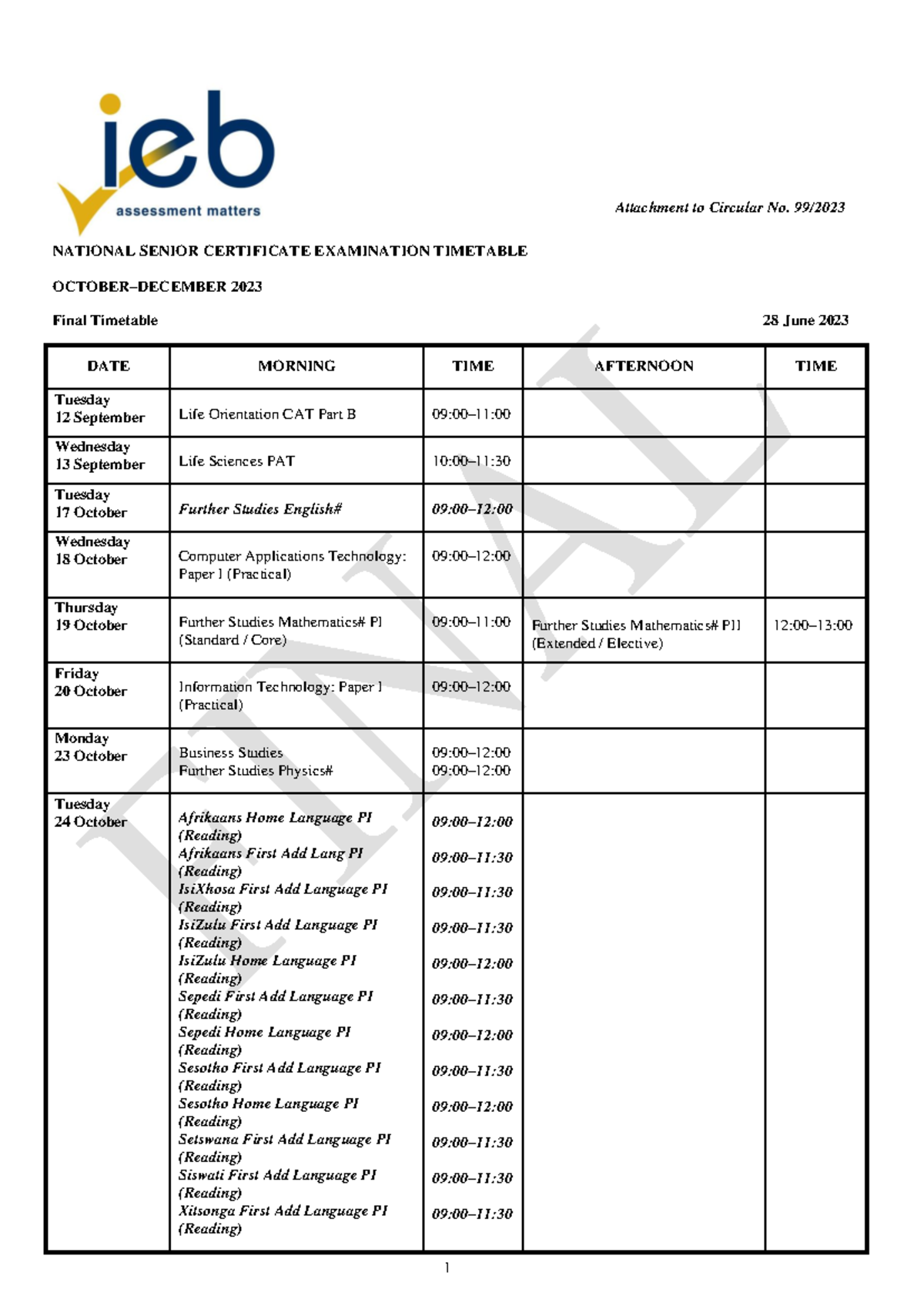 2023 NSC Final IEB Timetable - NATIONAL SENIOR CERTIFICATE EXAMINATION ...