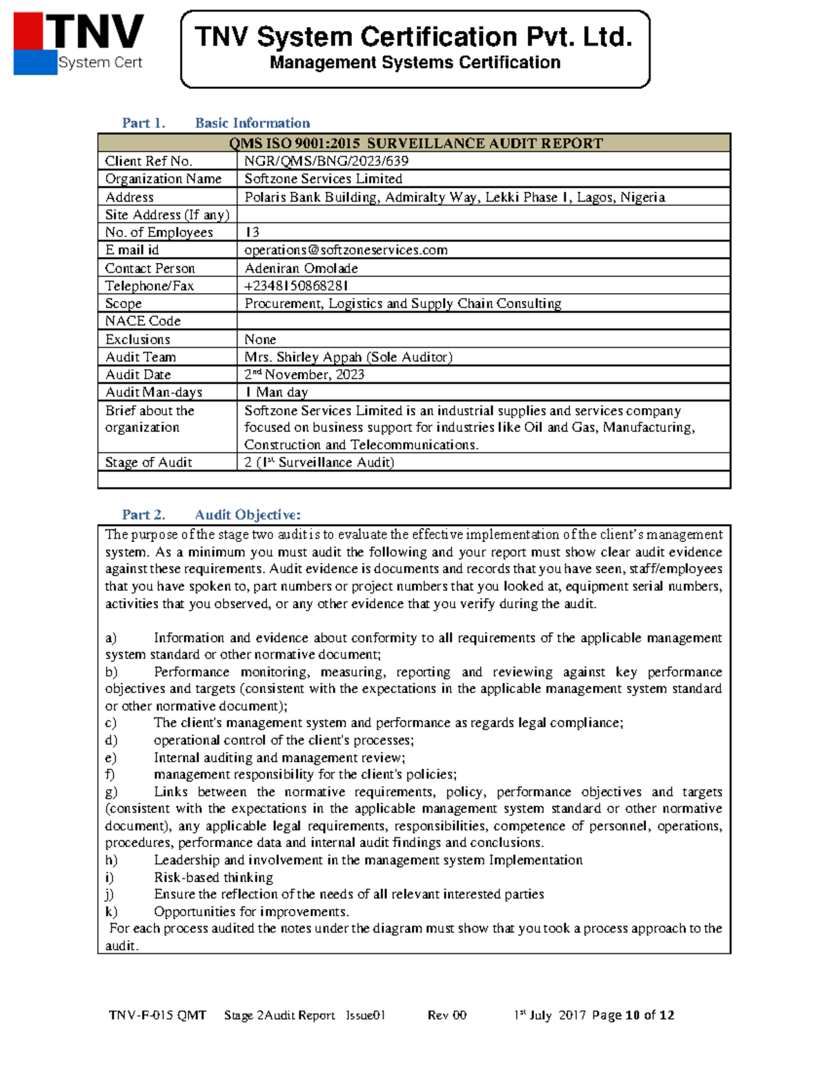 Surveillance Audit Report Softzone (2023) - Management Systems ...