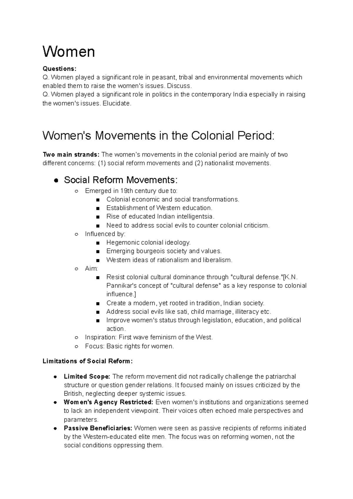 GE Women History MPCI Sem3 - Women Questions: Q. Women played a ...