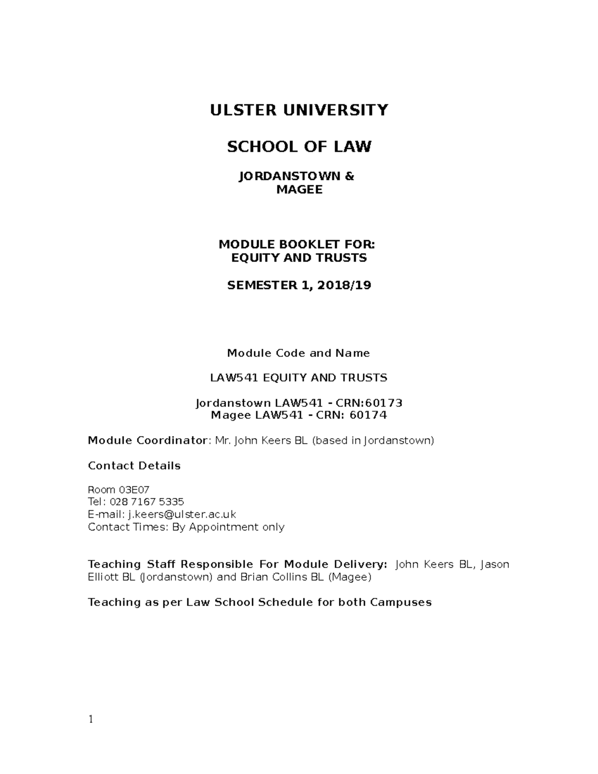 LAW541 - Equity & Trusts - JTown & Magee - 2018-19 Module Handbook ...