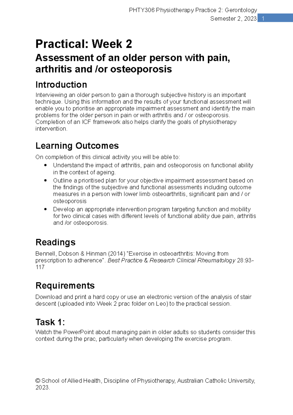 1. PHTY306 week 2 Prac 2023 - Practical: Week 2 Assessment of an older ...