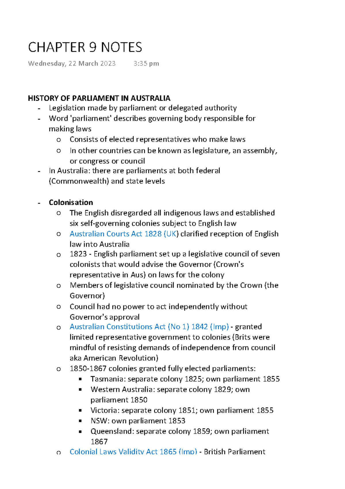 WEEK 3 - Notes - HISTORY OF PARLIAMENT IN AUSTRALIA Legislation made by ...