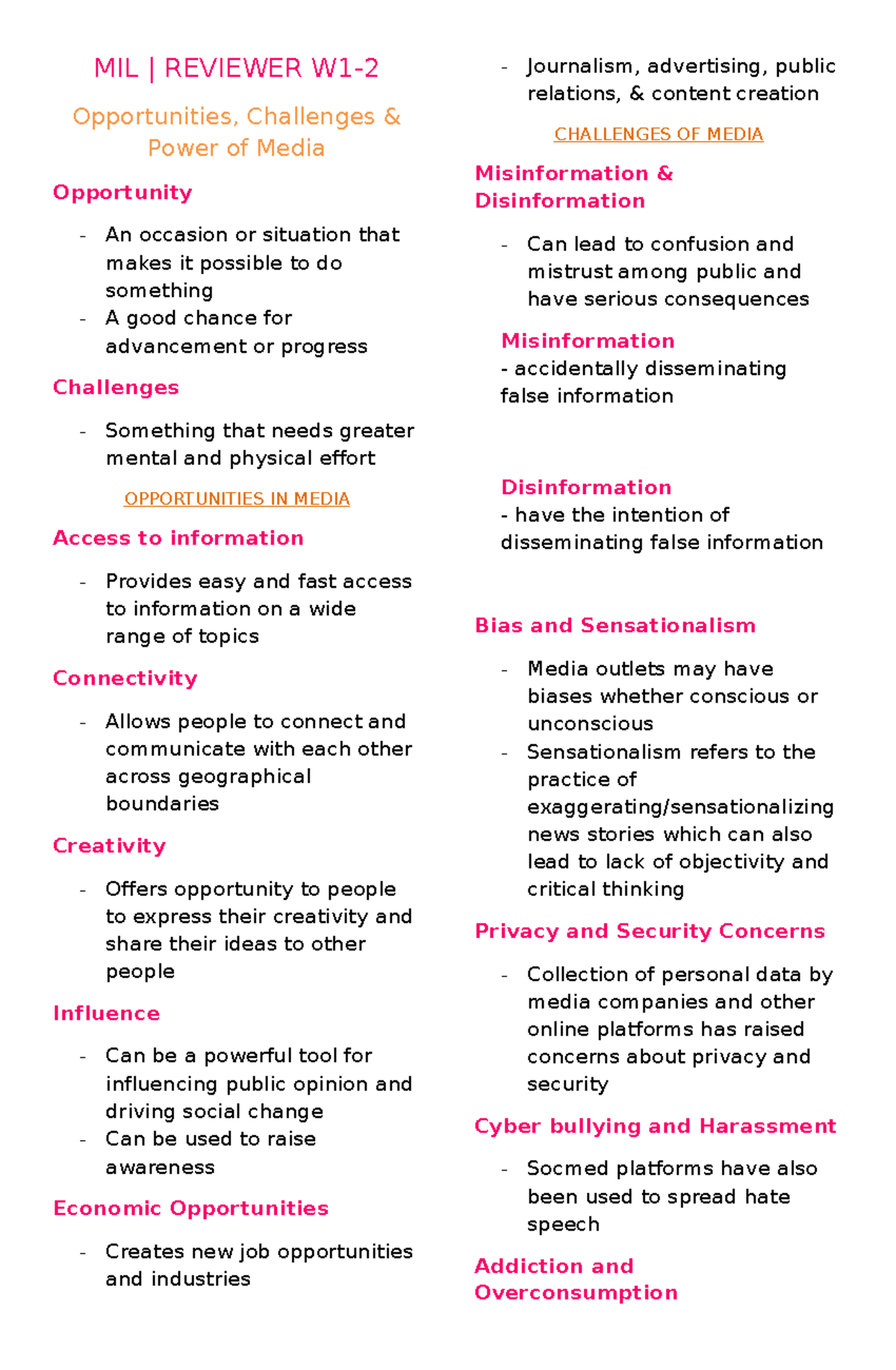 MIL W1-2 Reviewer (new) - MIL | REVIEWER W1- Opportunities, Challenges & Power of Media - Studocu