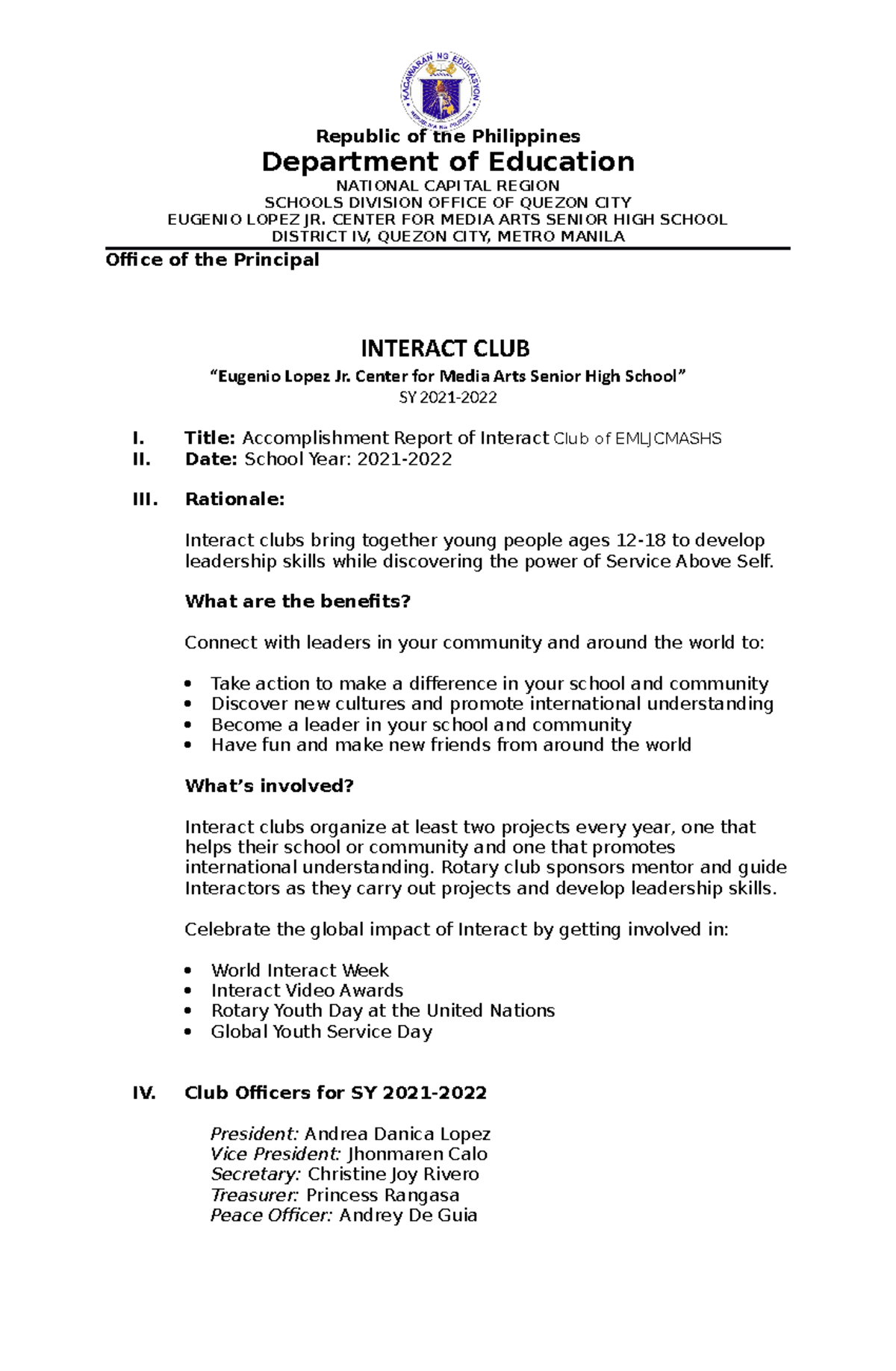 Accomplishment Report on Interact Club - Republic of the Philippines ...