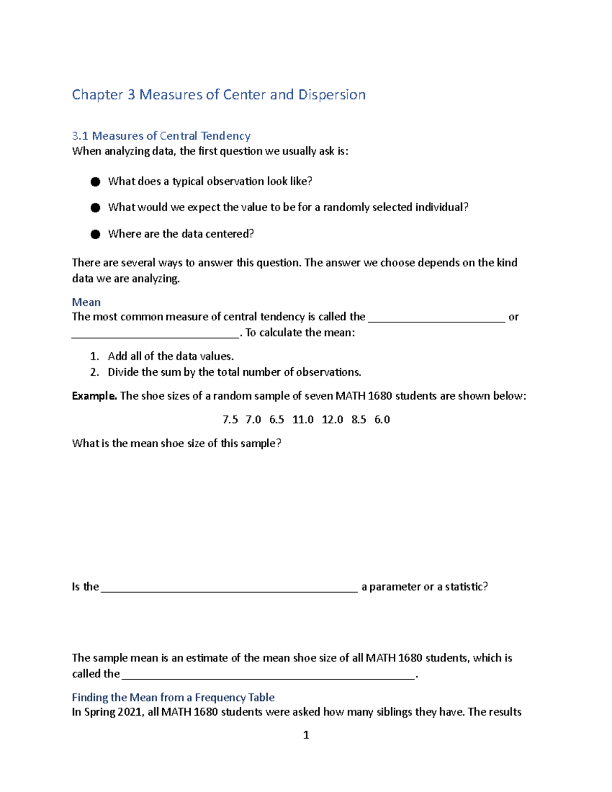 MATH 1680 Chapter 3 Notes - Chapter 3 Measures of Center and Dispersion ...