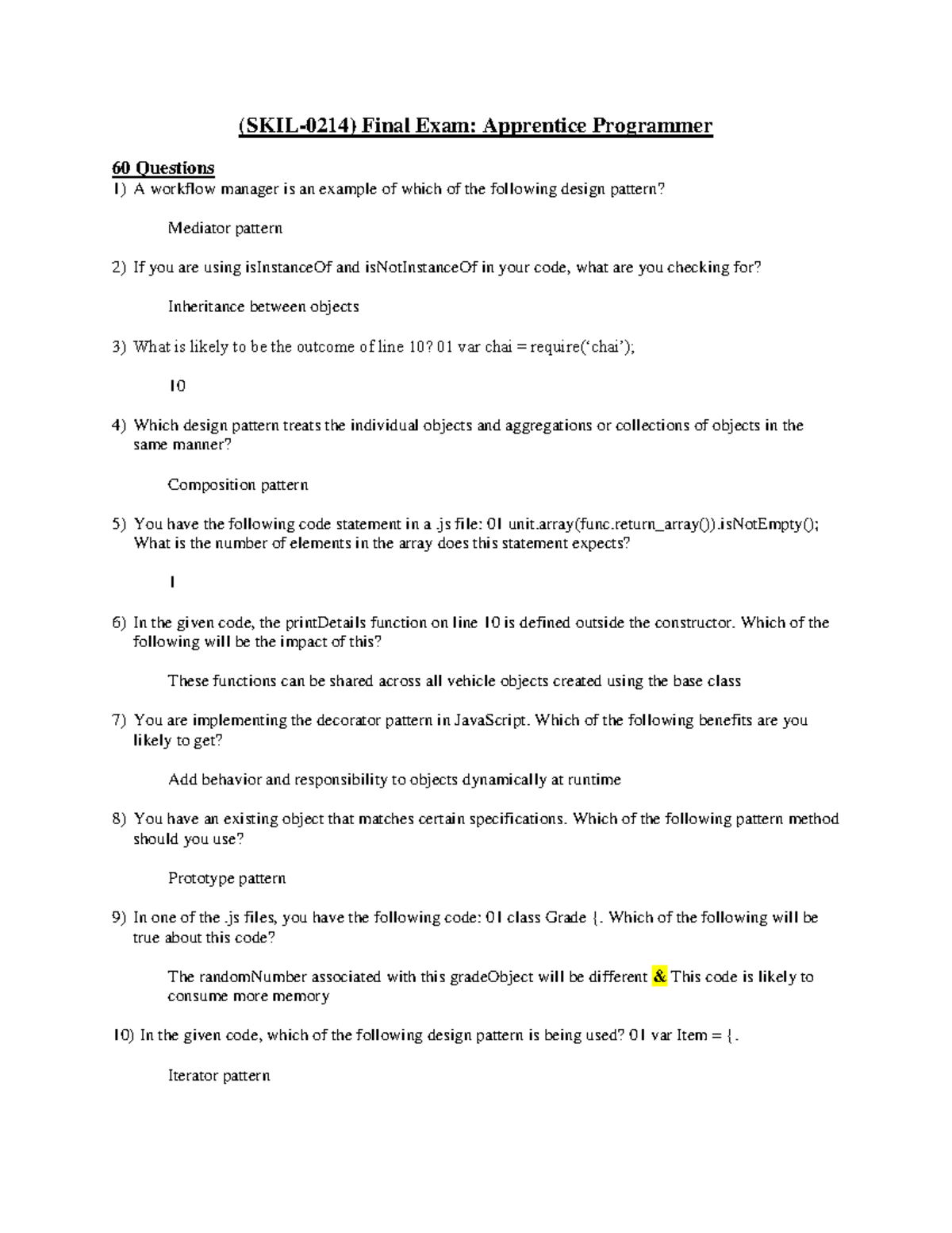 Skillsoft Apprentice Programmer Final Exam Skil 0214 Final Exam Apprentice Programmer 60