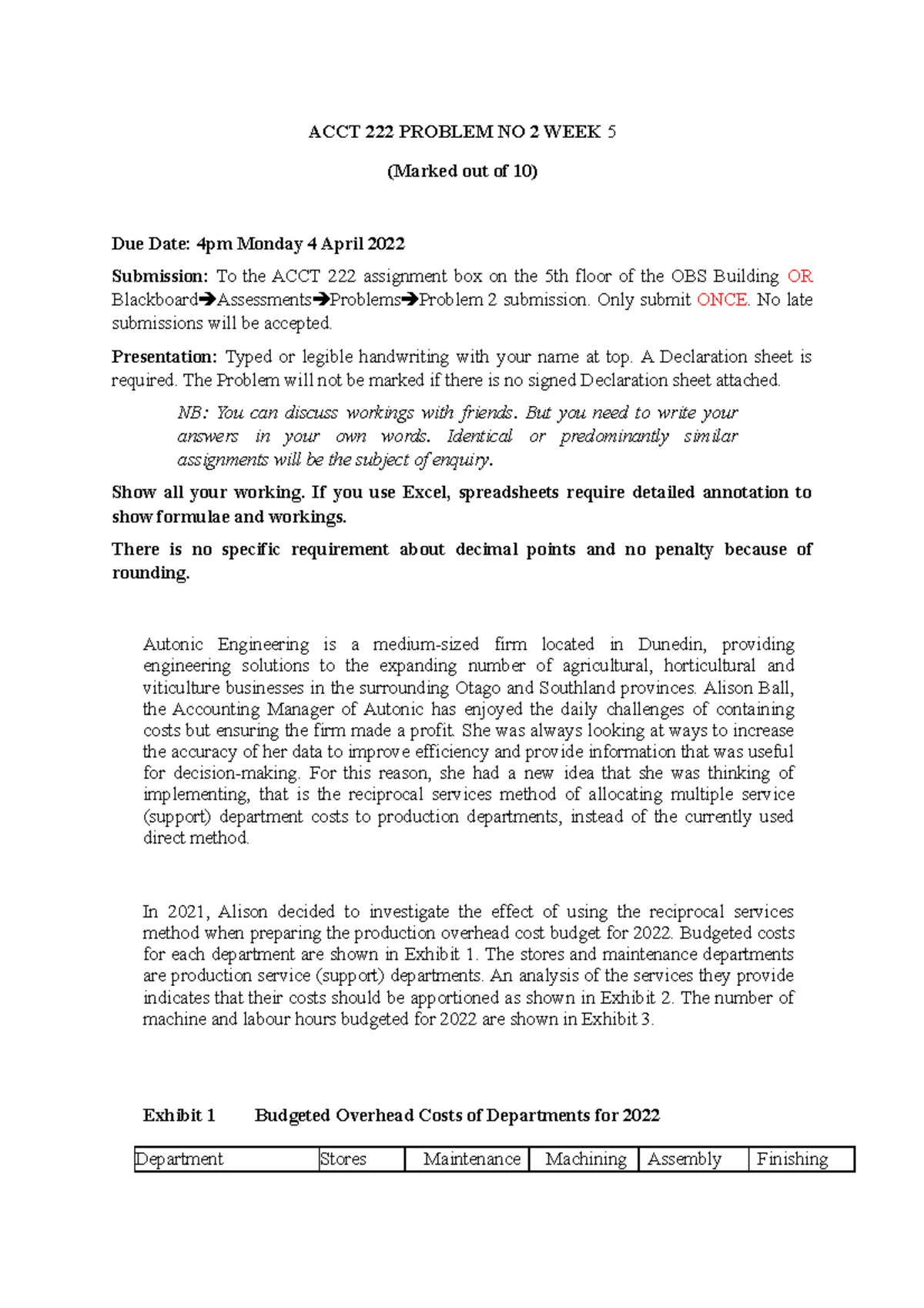ACCT222 2022S1 Problem 2 - ACCT 222 PROBLEM NO 2 WEEK 5 (Marked out of ...