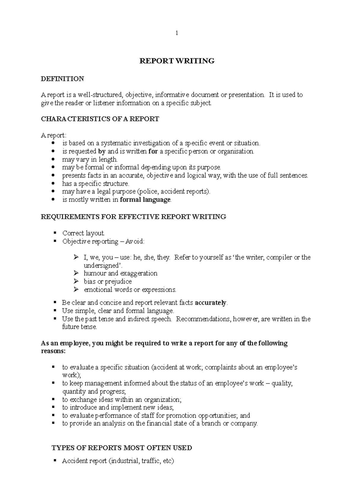 Report Writingnotes 2006 (2) - 1 REPORT WRITING DEFINITION A report is ...