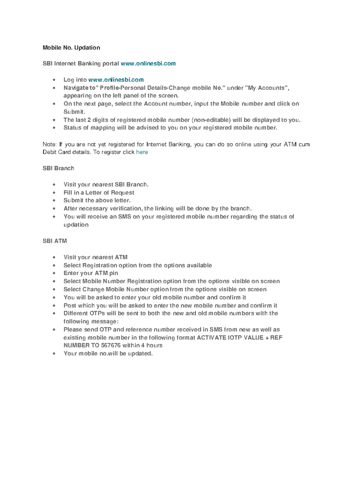Mobile NO Update - Mobile No. Updation SBI Internet Banking portal ...