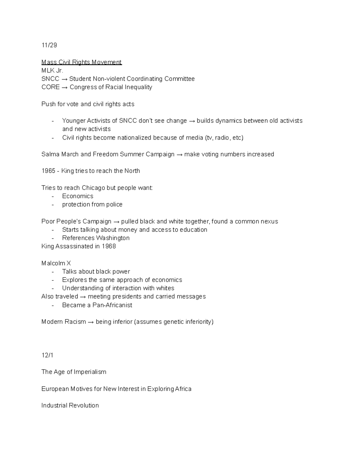 Intro to Africana Study Notes 3 - 11/ Mass Civil Rights Movement MLK Jr ...