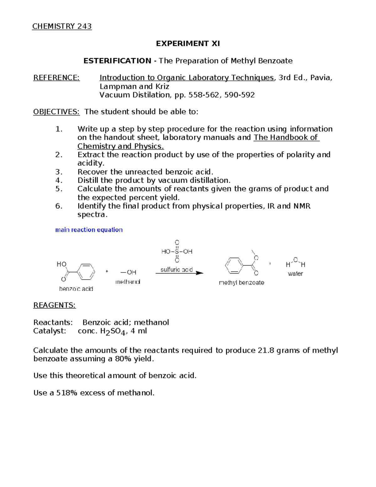 CHE243EXPT11 - CHEMISTRY 243 EXPERIMENT XI ESTERIFICATION - The ...