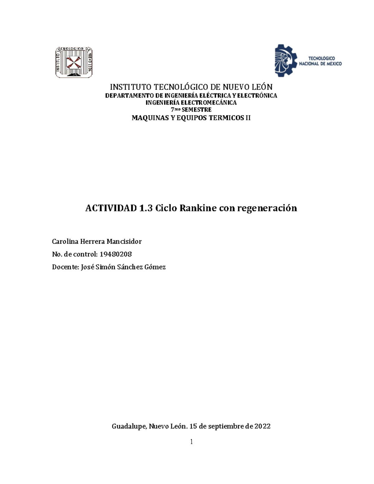 Act. 1.3 Ciclo de Rankine con regeneración - INSTITUTO TECNOL”GICO DE ...