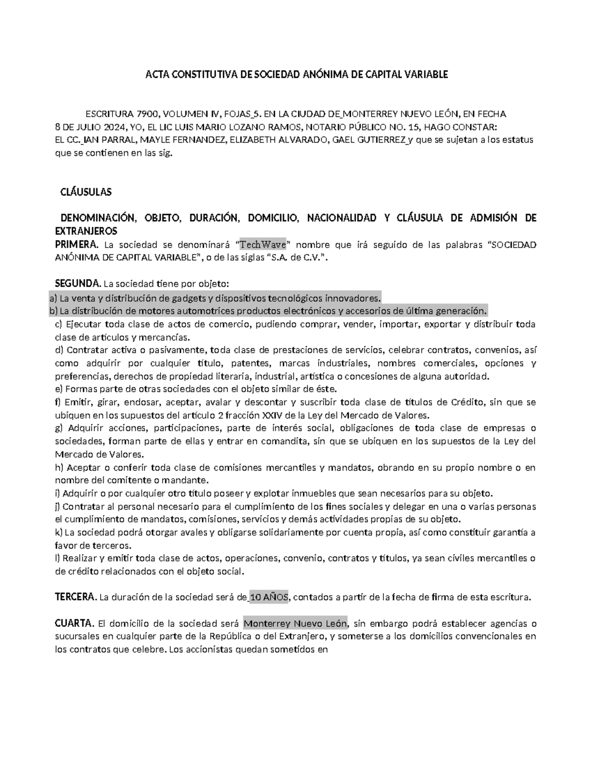 ACTA Const - tareas - ACTA CONSTITUTIVA DE SOCIEDAD ANÓNIMA DE CAPITAL ...